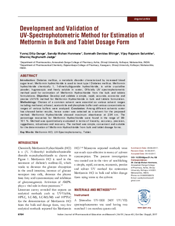 Pdf Development And Validation Of Uv Spectrophotometric Method For Estimation Of Metformin In