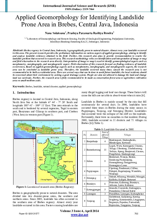 (PDF) Applied Geomorphology for Identifying Landslide Prone Area in Brebes, Central Java, Indonesia