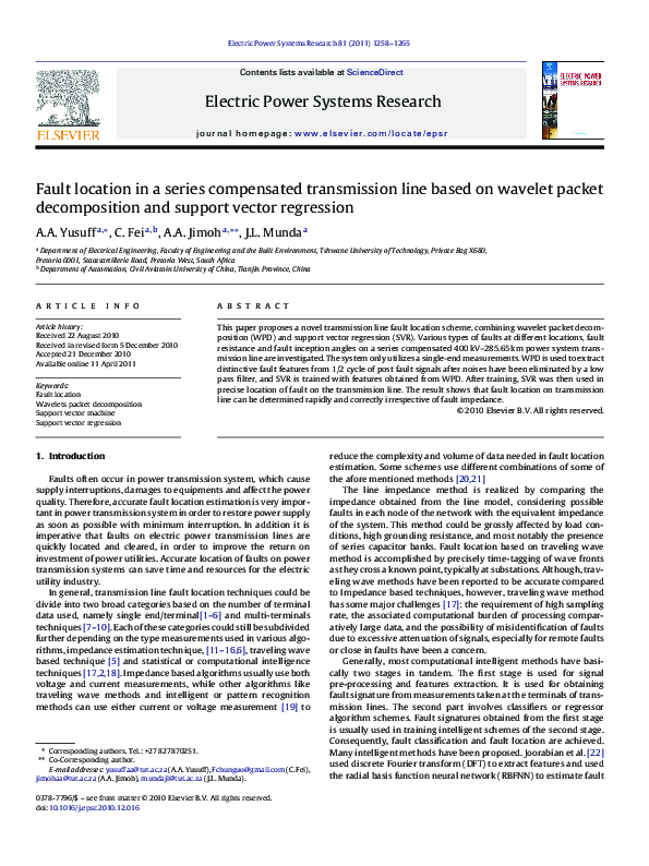(PDF) Fault location in a series compensated transmission line based on wavelet packet ...