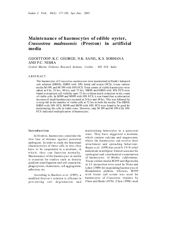 (PDF) Maintenance of haemocytes of edible oyster, Crassostrea ...