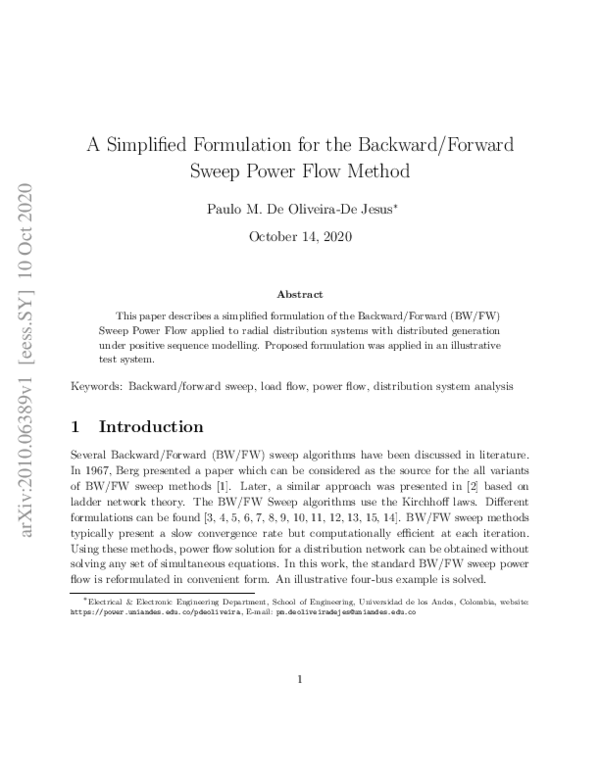 Pdf A Simplified Formulation For The Backward Forward Sweep Power Flow Method