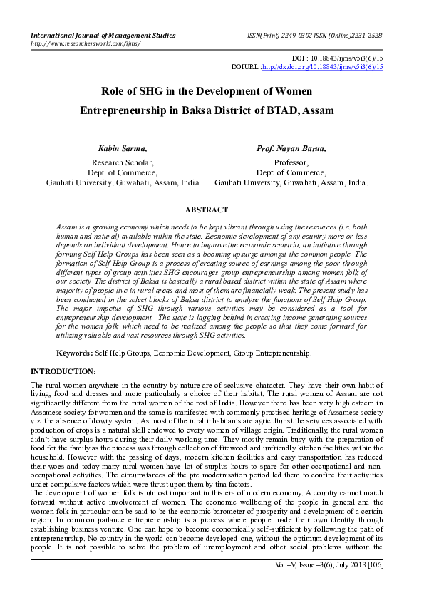 (PDF) Role of SHG in the Development of Women Entrepreneurship in Baksa District of BTAD, Assam