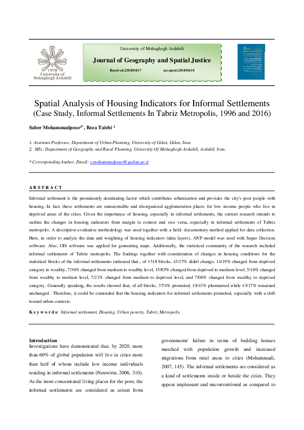 (PDF) Spatial Analysis of Housing Indicators for Informal Settlements ...