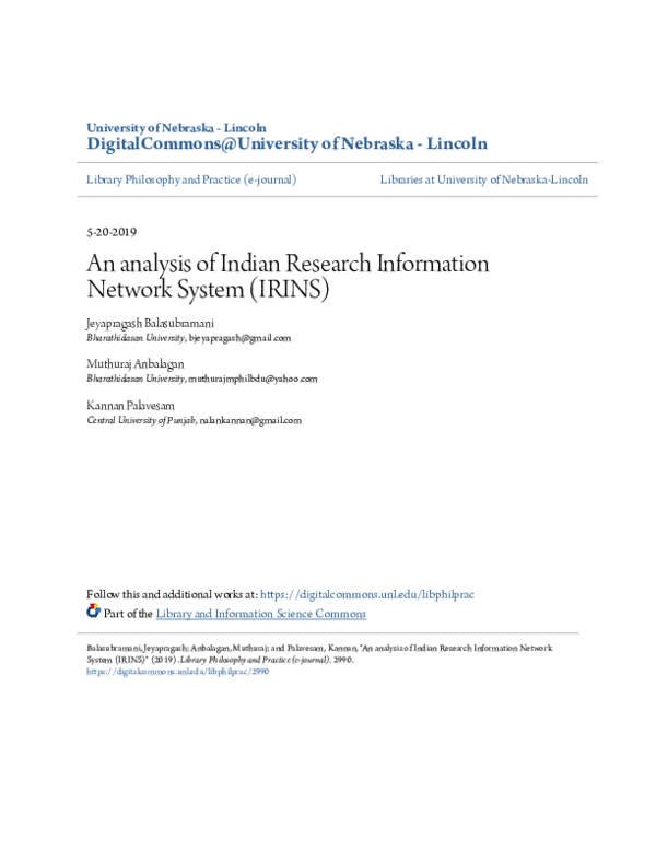 (PDF) An Analysis of Indian Research Information Network System (IRINS)