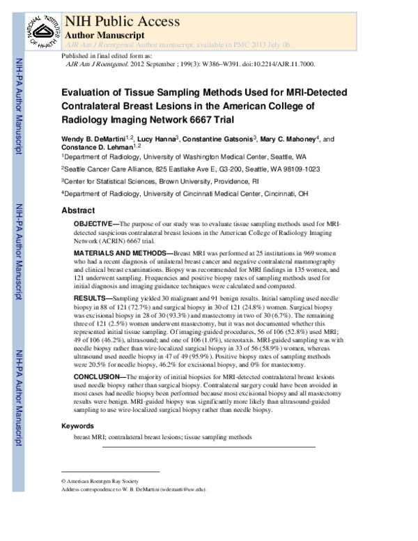 Evaluation of Tissue Sampling Methods Used for MRI-Detected Contralateral Breast Lesions in the ...