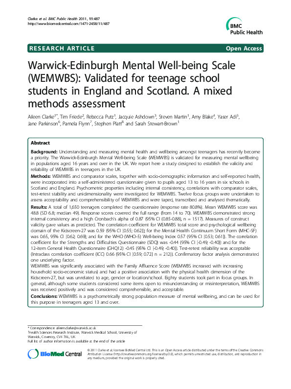 (PDF) Warwick-Edinburgh Mental Well-being Scale (WEMWBS): Validated for ...
