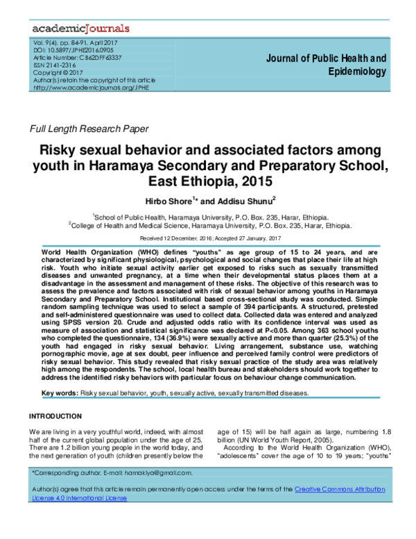 (PDF) Risky Sexual Behavior and Associated Factors among Grade 9-12 Students in Humera Secondary ...