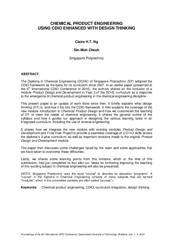(PDF) Chemical Product Engineering Using Cdio Enhanced with Design Thinking