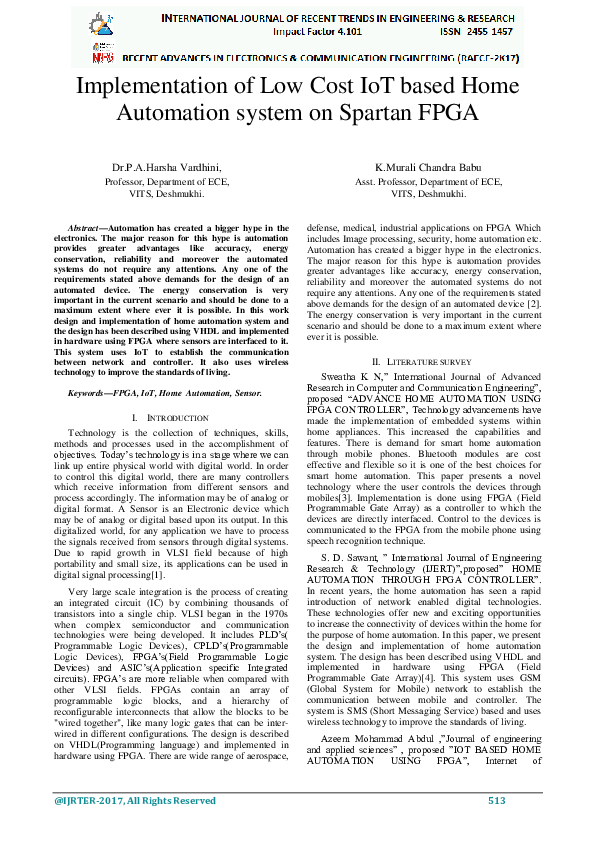 (PDF) Implementation of Low Cost IoT based Home Automation system on Spartan FPGA