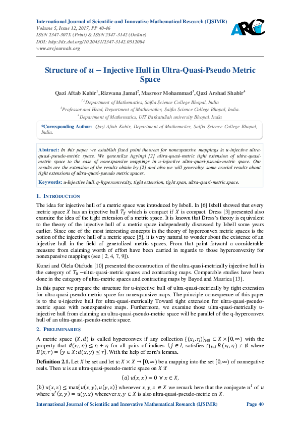 (PDF) Structure of u − Injective Hull in Ultra-Quasi-Pseudo Metric ...