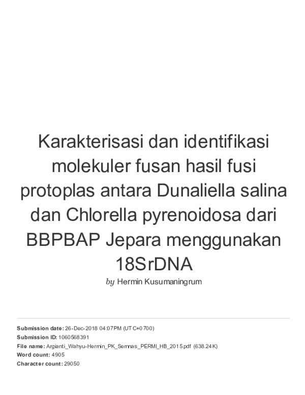 (PDF) KARAKTERISASI DAN IDENTIFIKASI MOLEKULER FUSAN HASIL FUSI PROTOPLAS ANTARA Dunaliella ...