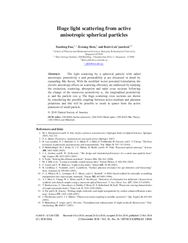(PDF) Huge light scattering from active anisotropic spherical particles