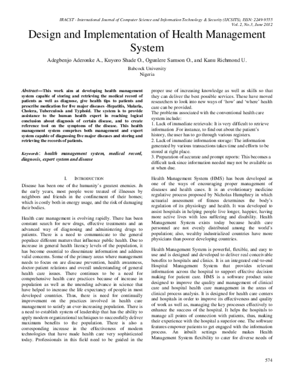 (PDF) Design and Implementation of Health Management System | Ogunlere ...