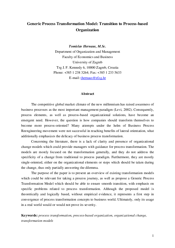 (PDF) Generic Process Transformation Model: Transition to Process-based Organization