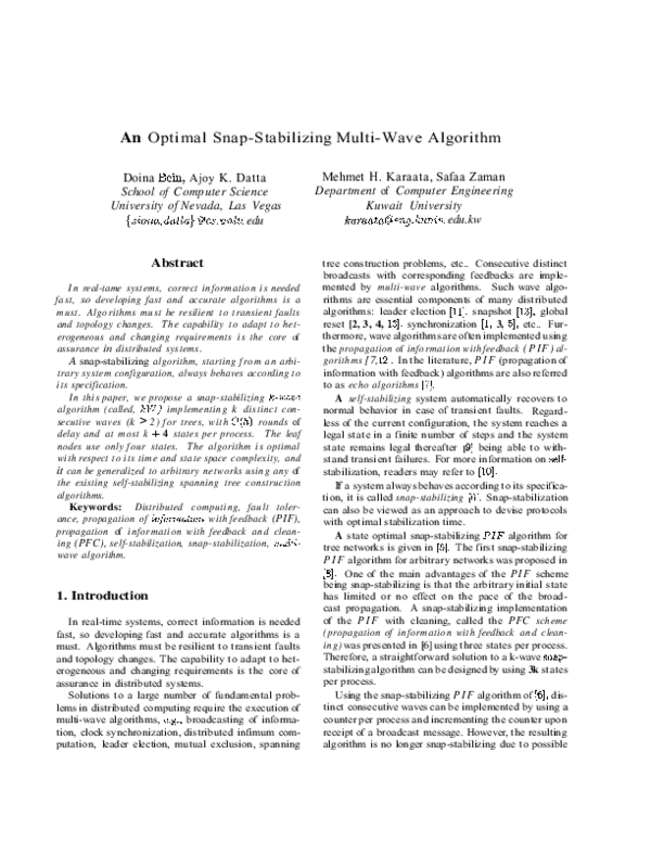 (PDF) An Optimal Snap-Stabilizing Multi-Wave Algorithm | Mehmet Karaata - Academia.edu