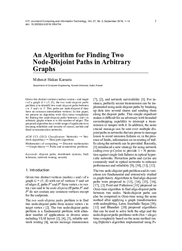 (PDF) An Algorithm for Finding Two Node-Disjoint Paths in Arbitrary Graphs | Mehmet Karaata ...