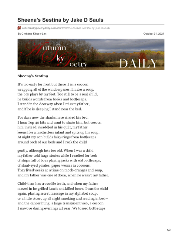 (PDF) Sheena's Sestina (Poem) | Jake Patin-Sauls - Academia.edu