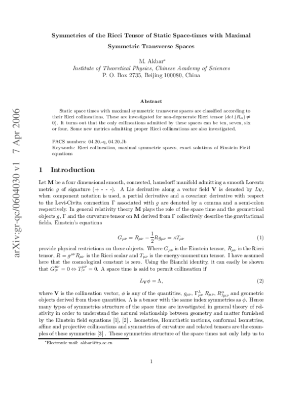 Pdf Ricci Collineations Of Static Space Times With Maximal Symmetric