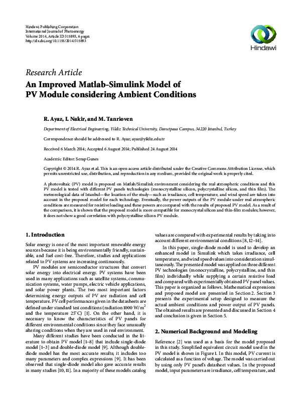 Pdf An Improved Matlab Simulink Model Of Pv Module Considering