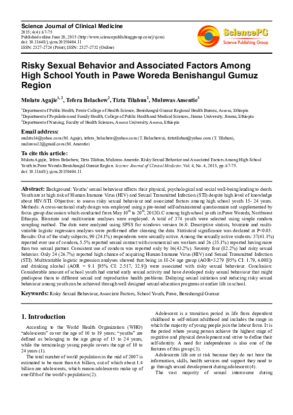 (PDF) Risky Sexual Behavior and Associated Factors Among High School Youth in Pawe Woreda ...