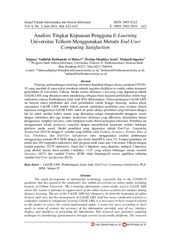 (PDF) Analisis Tingkat Kepuasan Pengguna E-Learning Universitas Telkom Menggunakan Metode End ...