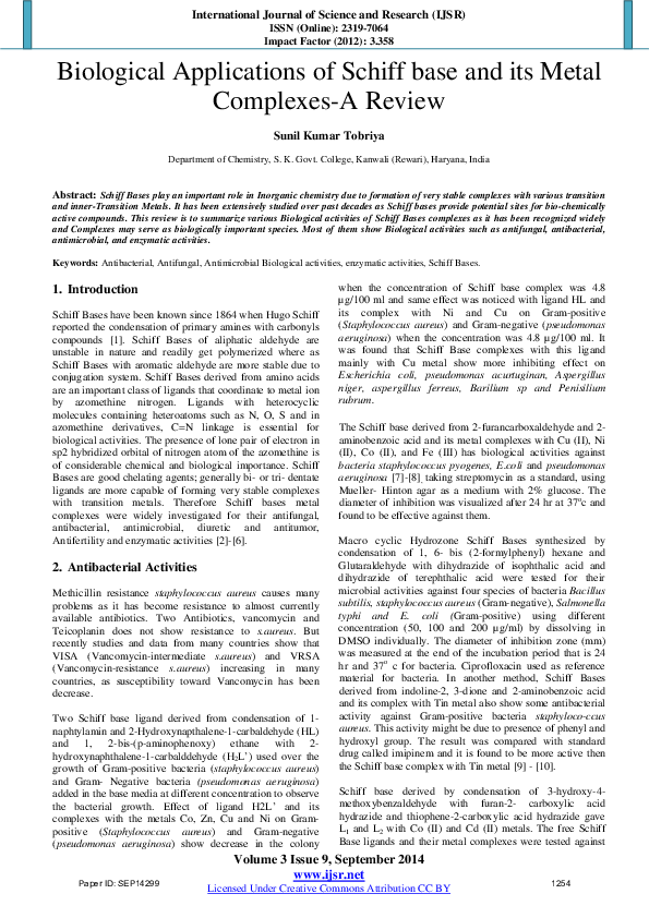 (PDF) Biological Applications of Schiff base and its Metal Complexes-A Review
