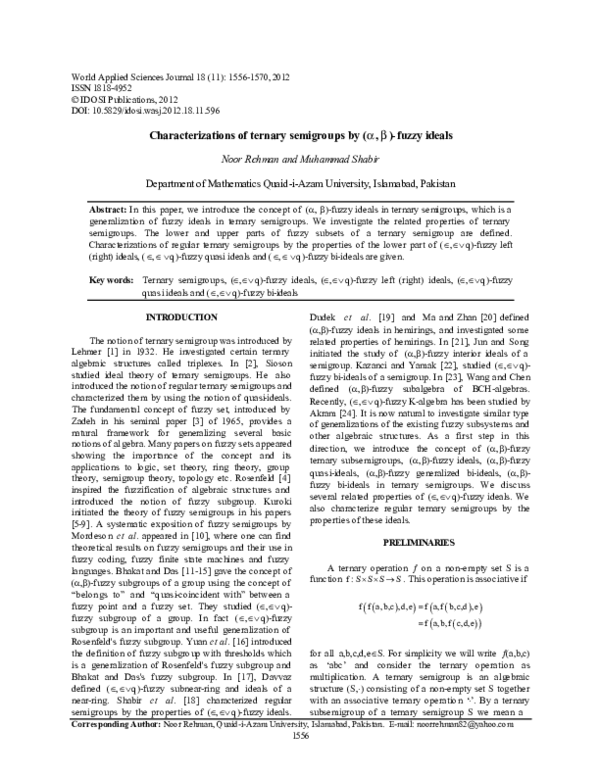 (PDF) Ternary Semigroups and Fuzzy Ideals