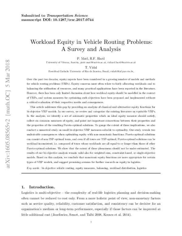 (PDF) Workload Equity in Vehicle Routing Problems: A Survey and Analysis