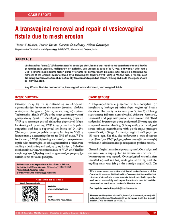 (PDF) A transvaginal removal and repair of vesicovaginal fistula due to ...