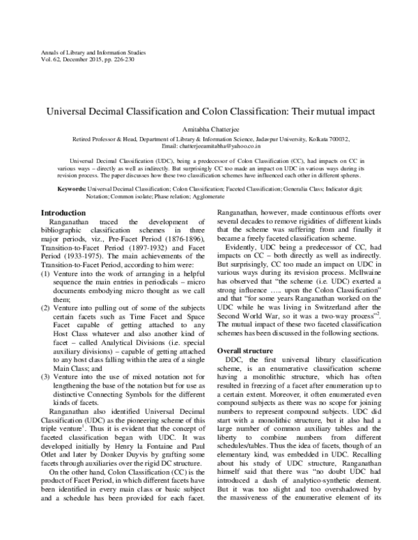 (PDF) Universal Decimal Classification and Colon Classification: Their mutual impact
