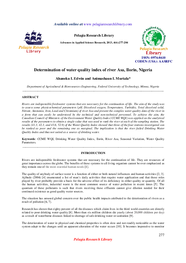(PDF) Water Quality Index Assessment of River Asa