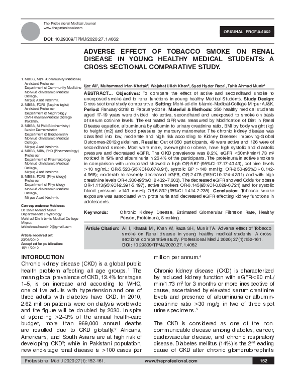 (PDF) Adverse effect of Tobacco smoke on Renal disease in young healthy ...