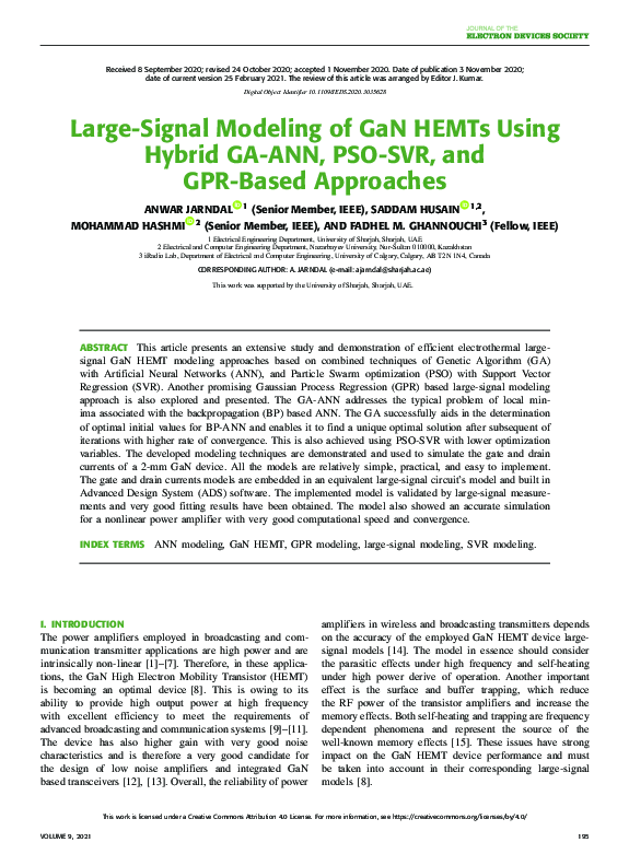 (PDF) Large-Signal Modeling of GaN HEMTs Using Hybrid GA-ANN, PSO-SVR, and GPR-Based Approaches