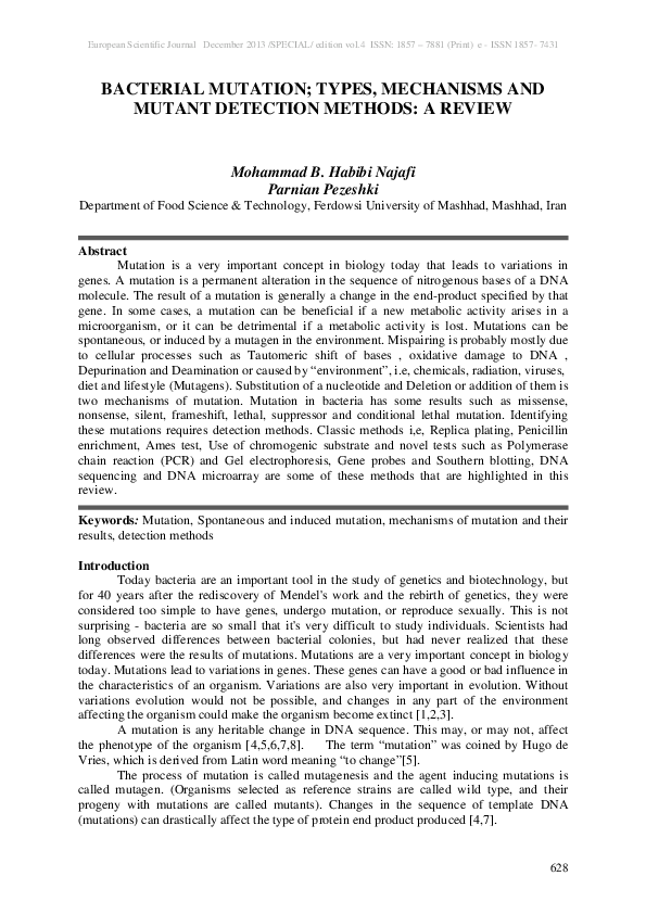 (PDF) Bacterial Mutation; Types, Mechanisms and Mutant Detection Methods: a Review