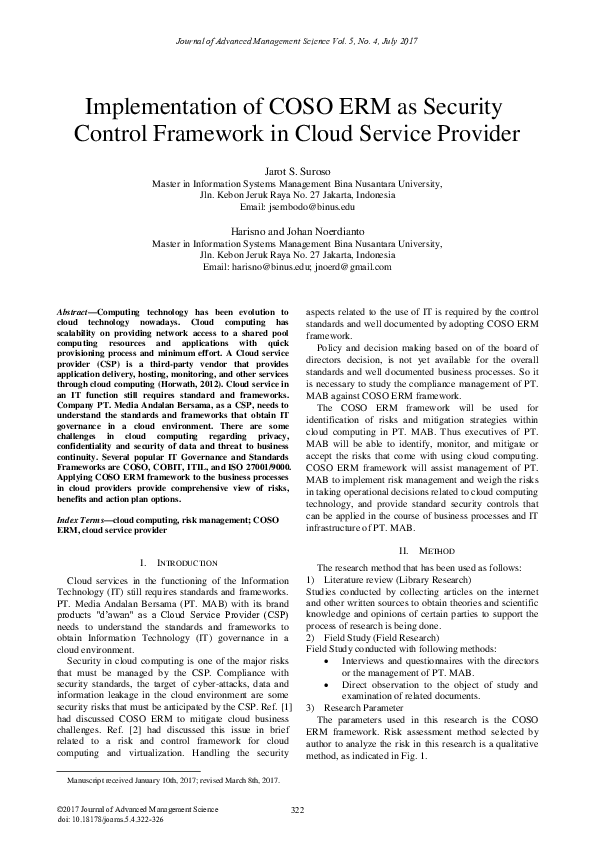 (PDF) Implementation of COSO ERM as Security Control Framework in Cloud Service Provider
