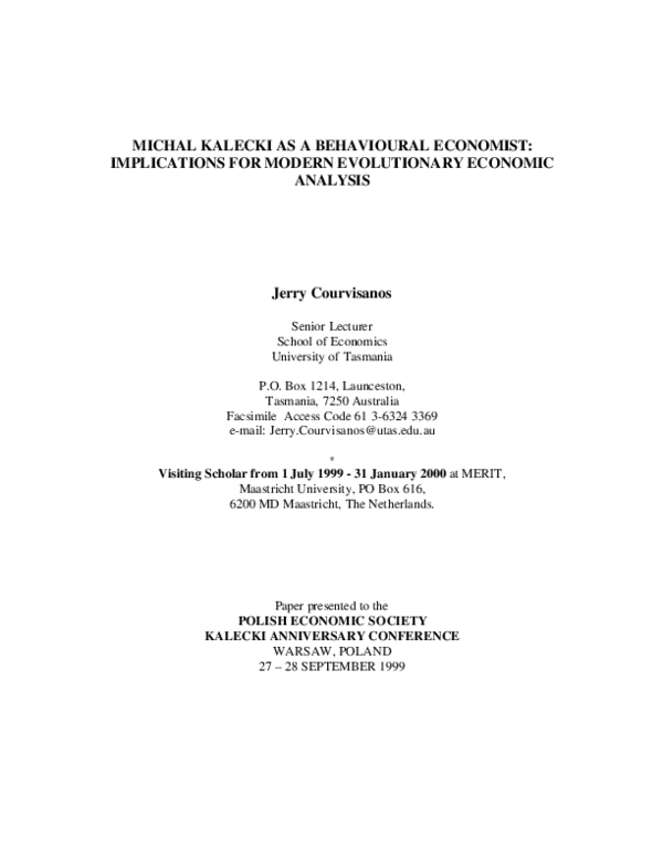 (PDF) Michael Kalecki as a Behavioural Economist Implications for ...