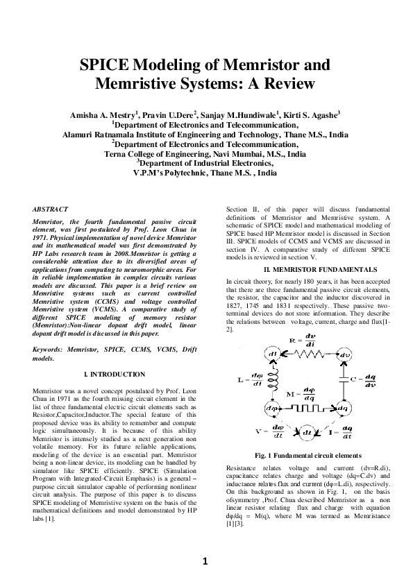 (PDF) 1 SPICE Modeling of Memristor and Memristive Systems : A Review