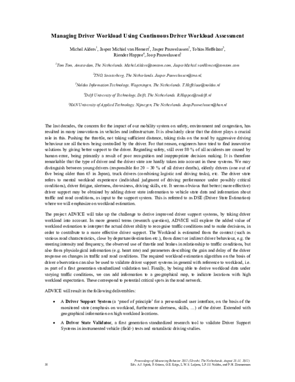(PDF) Managing driver workload using continuous driver workload assessment