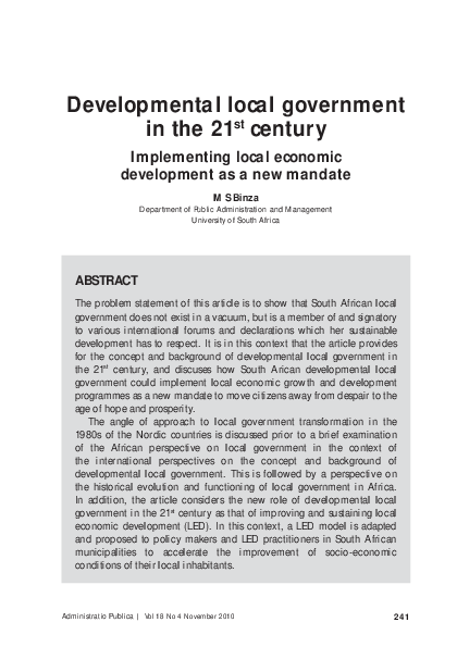 (PDF) Developmental local government in the 21st century Implementing ...