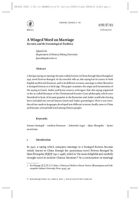 (PDF) A Winged Word on Marriage: Socrates and the Gnomological Tradition