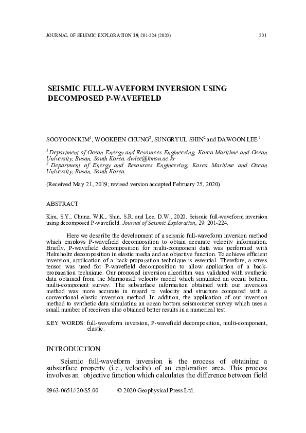 Pdf Seismic Full Waveform Inversion Using Decomposed P Wavefield