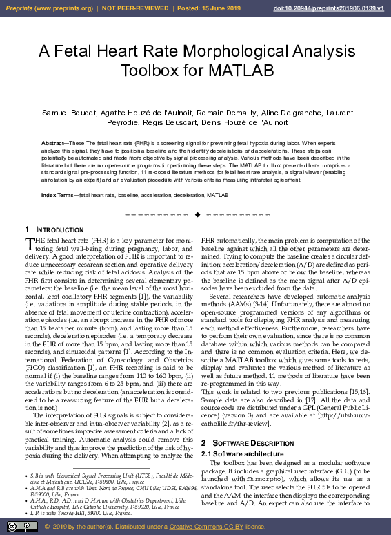 (PDF) A Fetal Heart Rate Morphological Analysis Toolbox for MATLAB