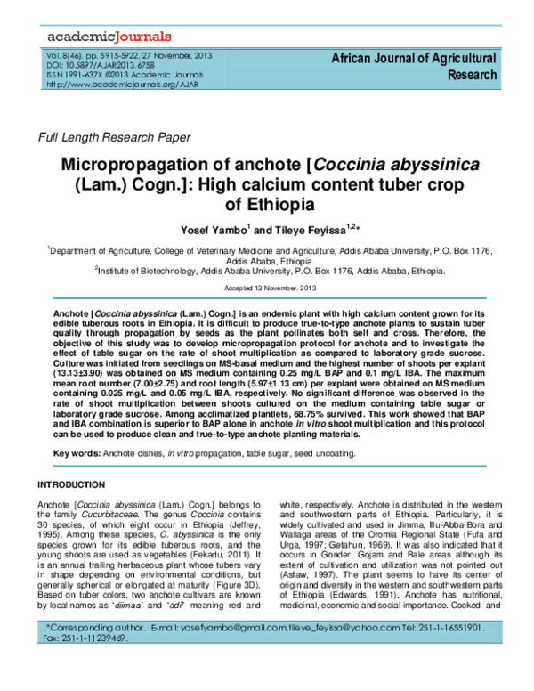 (PDF) Micropropagation of anchote [Coccinia abyssinica (Lam.) Cogn ...