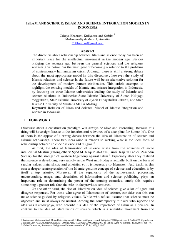 (PDF) Islam and Science: Islam and Science Integration Models in Indonesia