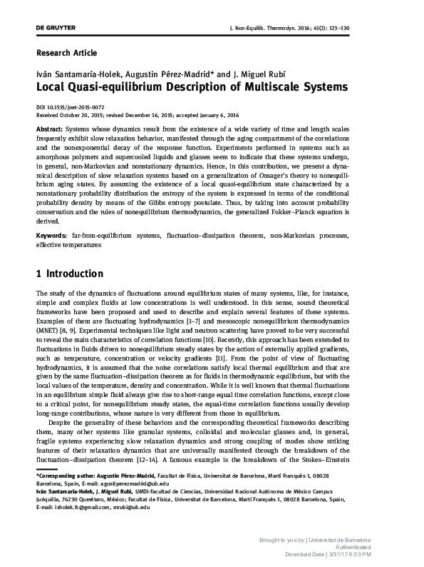(PDF) Local Quasi-equilibrium Description of Multiscale Systems