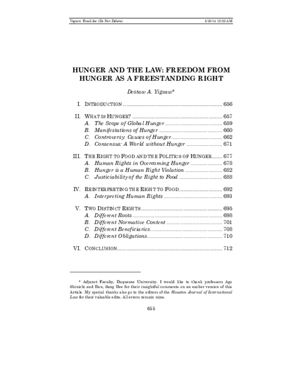 (PDF) Hunger and the Law: Freedom from Hunger as a Freestanding Right