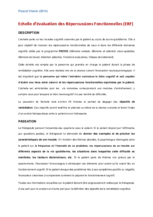 (PDF) Échelle d’évaluation des Répercussions Fonctionnelles (ERF ...