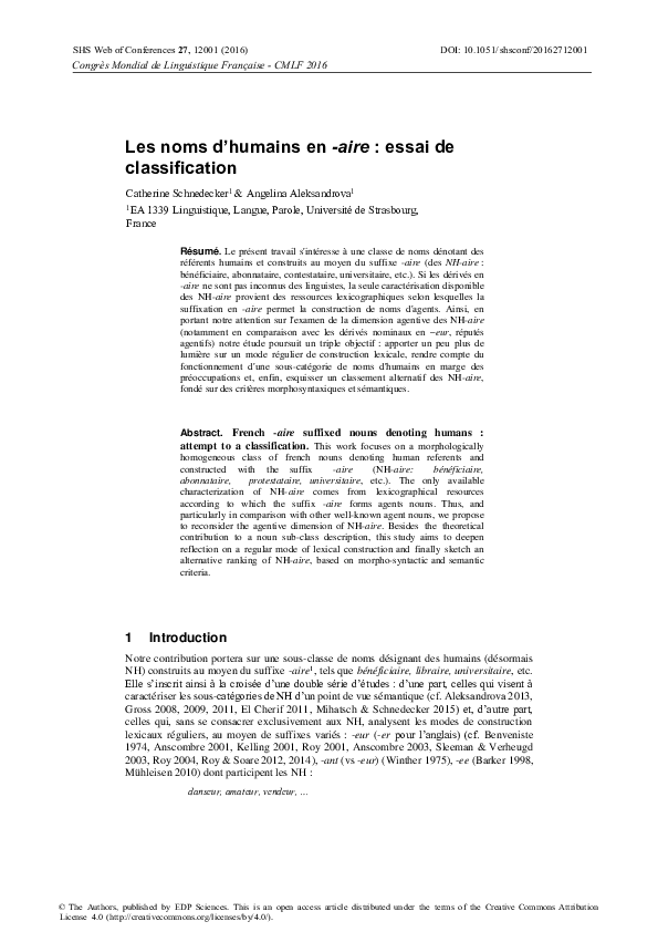 (PDF) Les noms d’humains en-aire: essai de classification