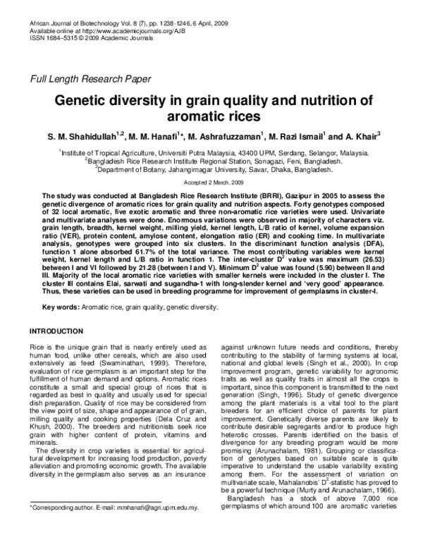 (PDF) Genetic diversity in grain quality and nutrition of aromatic rices