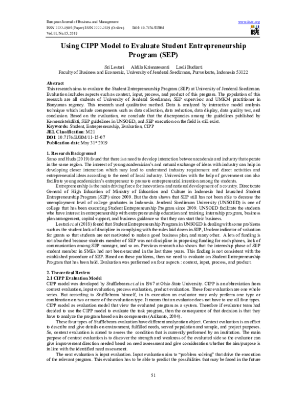 (PDF) Using CIPP Model to Evaluate Student Entrepreneurship Program (SEP)